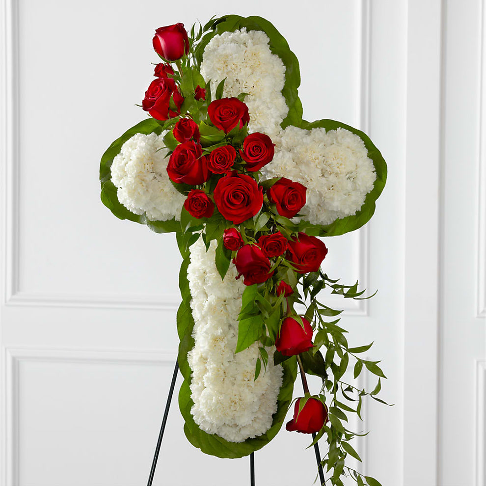Floral Cross Easel–McMahon's House of Flowers Inc